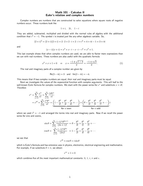 Math 101 Complex Numbers Math 101 Calculus Ii Eulers Relation And