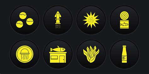 접시에 해파리 통조림 해산물 가게 해초 성게 문어 소스 병 및 타코야키 아이콘을 설정합니다 벡터 검은색에 대한 스톡 벡터 아트 및 기타 이미지 Istock