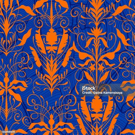 아르 누보 스타일 매끄러운 패턴 클래식 르네상스 바로크 꽃 배경과 야자수 잎 실루엣이 조화를 이룬다 장식 소용돌이와 꽃 벽지 직물 및 직물에 대한 디자인 0명에 대한 스톡