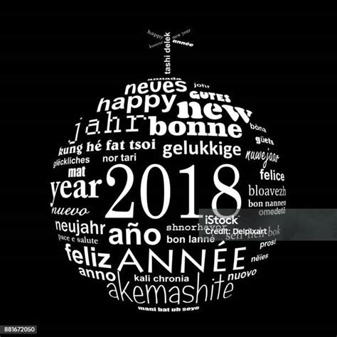 검은 배경에 흰색 크리스마스 볼의 형태로 2018 새 해 다국어 텍스트 단어 구름 인사말 카드 0명에 대한 스톡 벡터 아트 및 기타 이미지 Istock