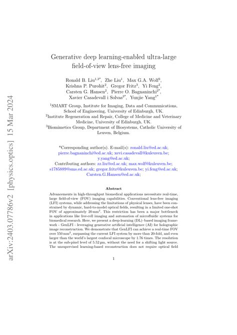 PDF Generative Deep Learning Enabled Ultra Large Field Of View Lens Free Imaging