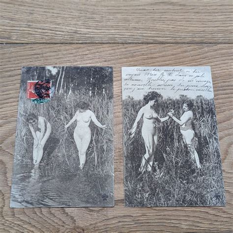 Pair Of Authentic Edwardian Women In Nature Nude Postcards Vintage