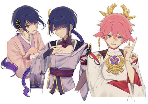 Raiden Shogun Yae Miko And Makoto Genshin Impact Drawn By Nukoji