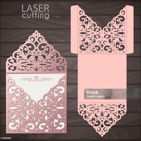 레이저 컷 결혼식 초대 봉투 템플릿 벡터입니다 추상 레이스 장식 과 결혼식 초대장 또는 인사말 카드 다이 컷 포켓 봉투 템플릿 결혼식에 대한 스톡 벡터 아트 및 기타 이미지