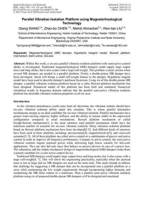 Parallel Vibration Isolation Platform Using Magnetorheological Technology Scientificnet