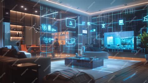 A Futuristic Living Room With Smart Home Automation Technology Featuring A Digital Interface