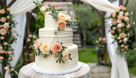 Elegant White Two Tiered Wedding Cake Decorated With Flowers On A Small