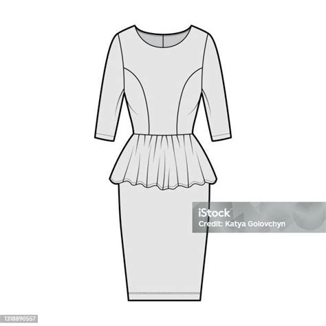 팔꿈치 소매 몸에 맞는 무릎 길이 칼집 스커트 둥근 목드레스 페플럼 테크니컬 패션 일러스트 0명에 대한 스톡 벡터 아트 및 기타