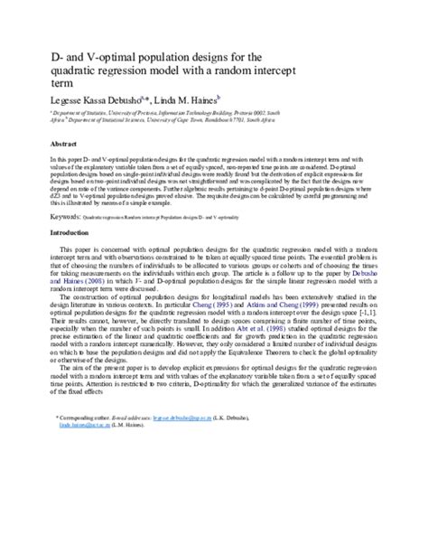 Pdf D And V Optimal Population Designs For The Quadratic Regression Model With A Random