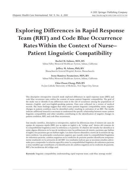 Pdf Exploring Differences In Rapid Response Team Rrt And Code Blue Occurrence Rates Within