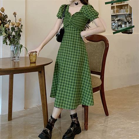 예거조아 여름신상빅사이즈 그린 체크 스모크 리본 밴딩 하트넥 퍼프 반팔 롱원피스 대형 빅사이즈 A라인 드레스 통통이 임산부