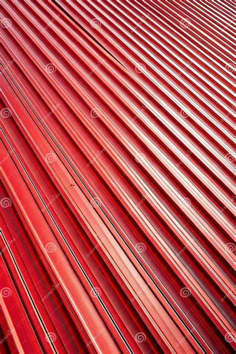 Abstract Red Metal Roofing Pattern With Geometric Lines Stock