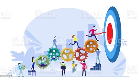 평면 디자인 창의성현대 디자인 아이디어와 컨셉 벡터 일러스트를 목표로 실행 사업가 팀과 레이디 실행 가공의 인물에 대한 스톡