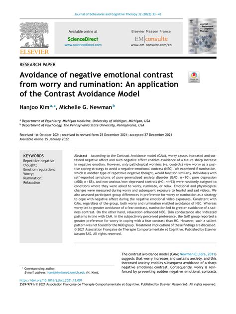 Pdf Avoidance Of Negative Emotional Contrast From Worry And