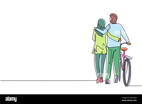 Single Continuous Line Drawing Back View Of Arabian Couple With Bicycle Walking In Park On Sunny