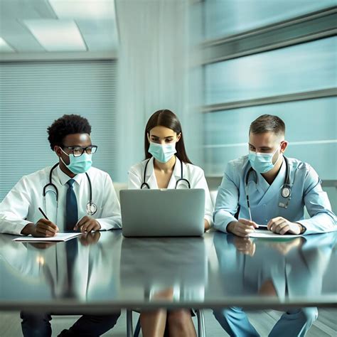 Group Of Three Medical Workers In Scrub Using A Laptop Medical Reference Material And Digital