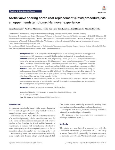 Pdf Aortic Valve Sparing Aortic Root Replacement David Procedure