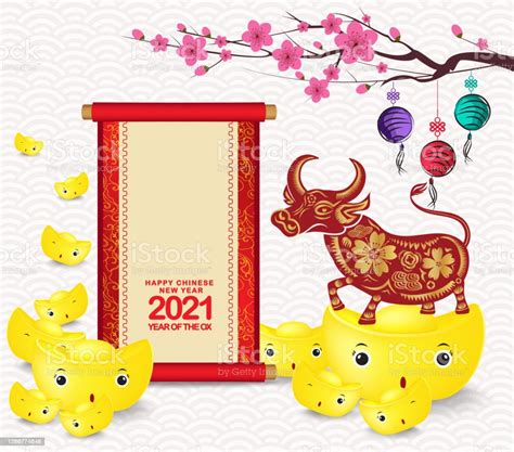 행복한 중국 새해 2021 옥스 조디악 기호 금 통은 인사말 카드 전단지 포스터색상 배경에 예술과 공예 스타일을 잘라 0명에 대한 스톡 벡터 아트 및 기타 이미지 Istock