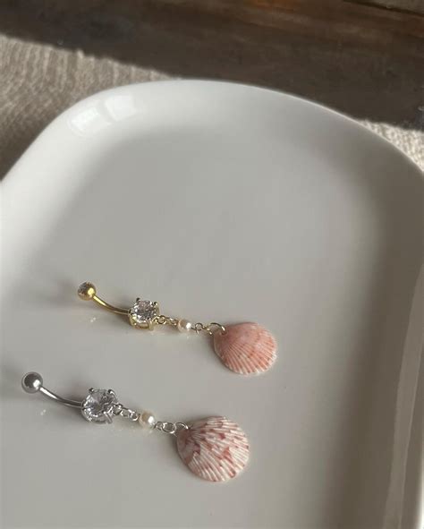 Real Shell Belly Ring Gold Or Silver 14g Surgical Steel Pearl Drop