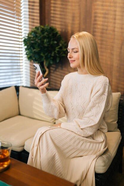 Premium Photo Vertical Portrait Of Charming Blonde Female Rest On Sofa At Living Room Making