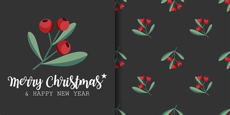 메리 크리스마스와 새해 복 많이 받으세요 텍스트와 검은 색 배경에 녹색 잎과 빨간 열매 가지의 원활한 패턴크리스마스 휴가 시즌