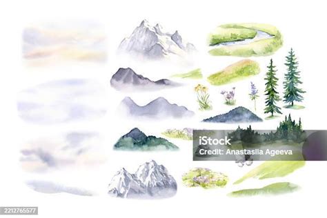 흰색 배경에 고립 된 요소의 산 풍경 모음입니다 산 하늘 숲 들판 강 전나무 꽃 돌 등을 수채화로 손으로 그렸습니다 디자인을위한 일러스트레이션 세트 0명에 대한 스톡 벡터