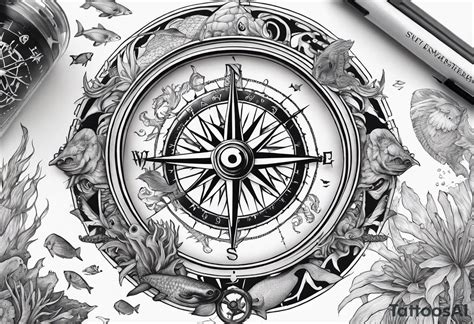 Scary Pirate Themed Compass Surrounded By Marine Animals Tattoo Idea