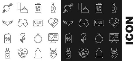 하트 모양의 세트 목걸이 데이트 앱 온라인 캔디 박스 발렌타인 데이 파티 전단지 하트 러브 안경 날개 아머 화살표와 아이콘 벡터 검은색에 대한 스톡 벡터 아트 및 기타