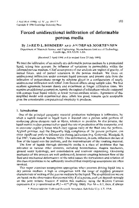 Pdf Forced Unidirectional Infiltration Of Deformable Porous Media Jared Sommer