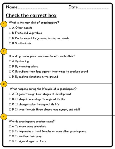 Grasshoppers Reading Comprehension Text With Multiple Choice Q And A