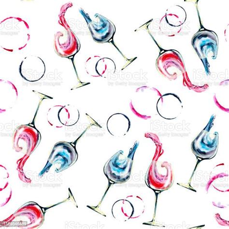 와인과 함께 음료와 원활한 패턴 유리 잔 유리와 반점의 파도 카페 배너 배경 벽지의 디자인을위한 흰색 배경에 고립 손으로 그린 수채화 그림 그리기에 대한 스톡 벡터 아트 및