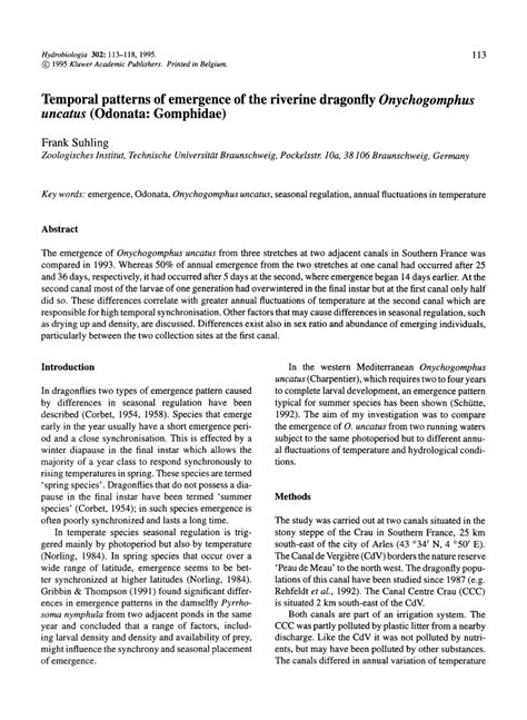 Pdf Temporal Patterns Of Emergence Of The Riverine Dragonfly Onychogomphus Uncatus Odonata