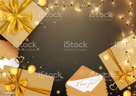 선물 상자와 장식 요소 벡터 일러스트 레이 션 해피 발렌타인 로맨틱 배경 Led 조명에 대한 스톡 벡터 아트 및 기타 이미지