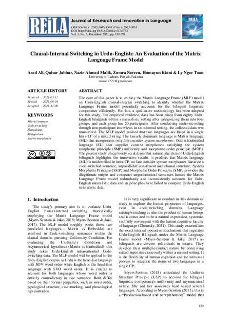 Pdf Clausal Internal Switching In Urdu English An Evaluation Of The Matrix Language Frame Model