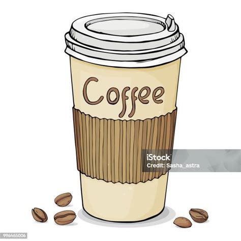 종이 컵 뚜껑 멀리 그리고 커피 콩을 뜨거운 커피와 함께 흰색 바탕에 벡터 그림입니다 0명에 대한 스톡 벡터 아트 및 기타 이미지 0명 가리기 갈색 Istock