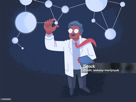 과학 안경과 실험실 코트를 입은 과학자가 원자 또는 뉴런을 검사합니다 물리학 또는 화학 분야의 과학적 발견 벡터 그림 Dna에 대한 스톡 벡터 아트 및 기타 이미지 Istock