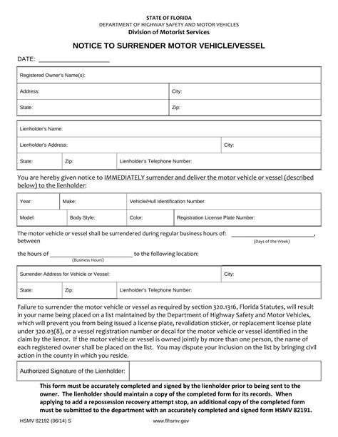 Form Hsmv 82192 Notice To Surrender Motor Vehiclevessel Florida