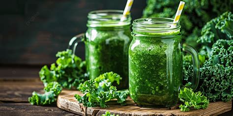 Glass Jar Mugs With Green Health Smoothie Kale Leaves Background Green