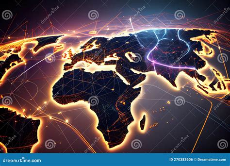 Digital Background View Of The Earth From Space Light Lines Connecting The Continents Stock