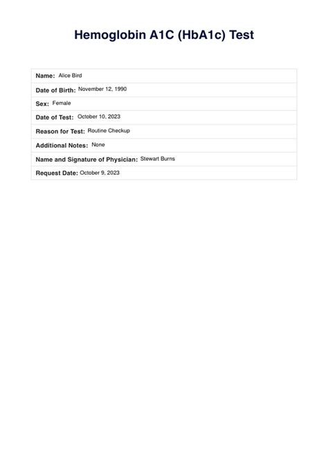 Hemoglobin A1C HbA1c Test Example Free PDF Download