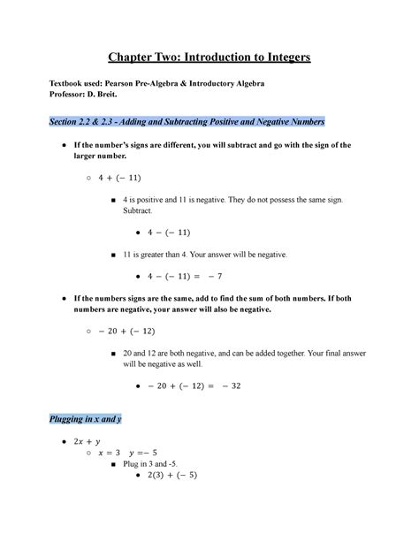 Developmental Math Chapter 2 Introduction To Integers Sec 22 And 23