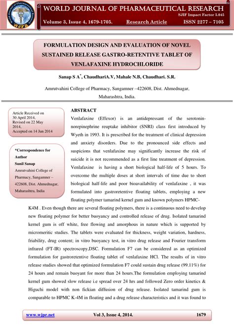 Pdf Formulation Design And Evaluation Of Novel Sustained Release Gastro Retentive Tablet Of