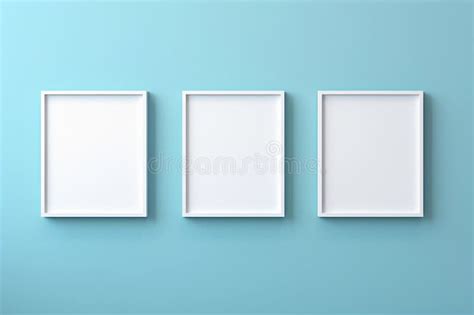 Three Empty White Frames For Mockup Hanging On Blue Wall Adding A