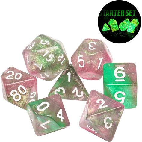 Glowing Dnd Glitter Dice Setglow In The Dark Pink And Green Glitter Dandd Dice For Role Playing