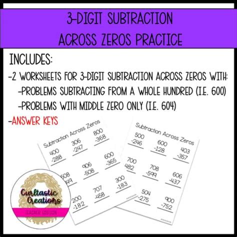 3 Digit Subtraction Across Zeros Practice By Curltastic Creations