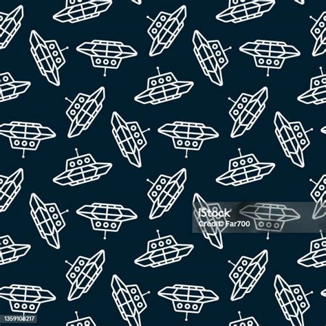 진한 파란색 배경에 격리 된 흰색 윤곽 선형 비행 접시 귀여운 Ufo 원활한 패턴 벡터 플랫 그래픽 일러스트레이션 텍스처 과학에 대한 스톡 벡터 아트 및 기타 이미지