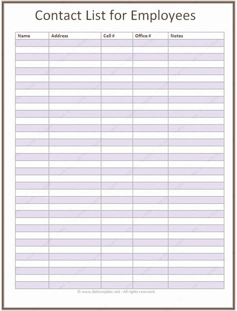 Call Back List Template Fresh Employee Contact List Template In A Basic