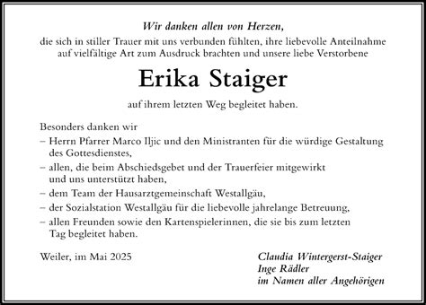Traueranzeigen Von Erika Staiger Augsburger Allgemeine Zeitung