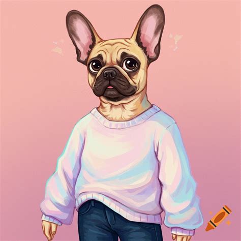 A Pug Character Wearing A Pink Sweater And Jeans Stands With Hands On