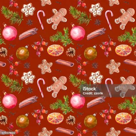 크리스마스 Baubles 진저 브레드 남자와 쿠키 전나무 나뭇가지 계피 사탕 지팡이 오렌지 빨간색 배경에 매끄러운 패턴 수채화 0명에 대한 스톡 벡터 아트 및 기타 이미지